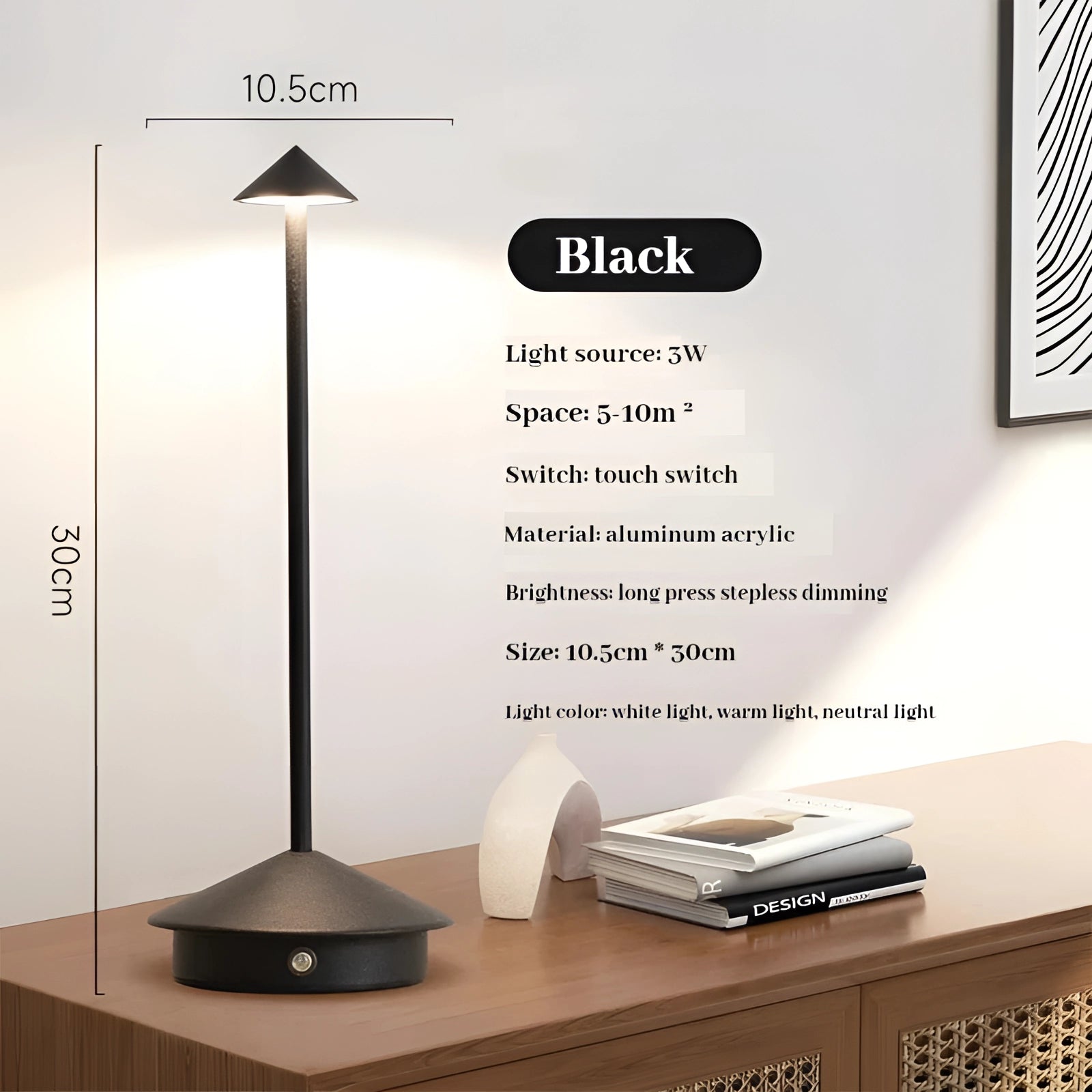 Aluminum Touch Table Lamp - 3W LED, Stepless Dimming, Modern Design