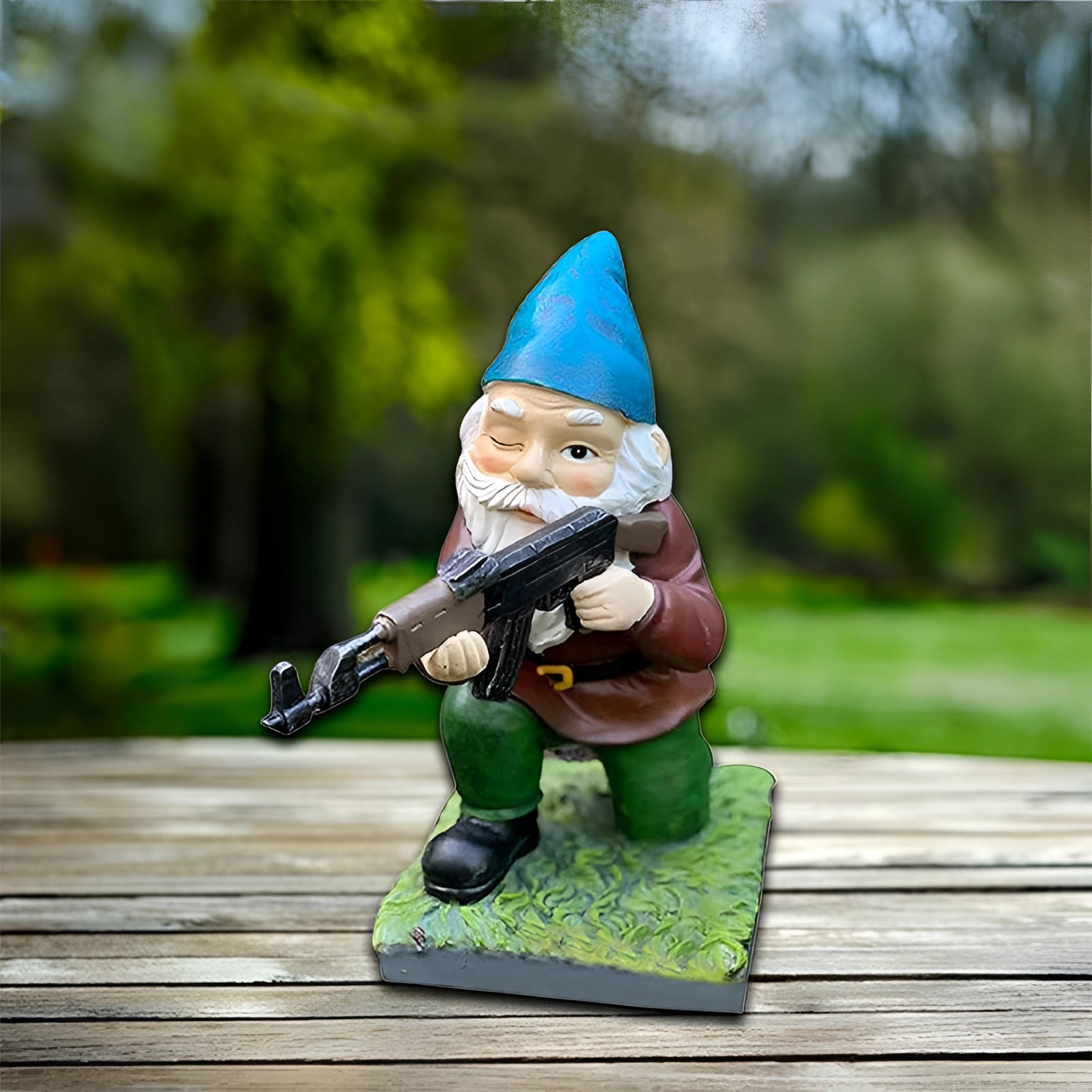 Armed Warrior Garden Gnome Statue: Military Decor with AK-47