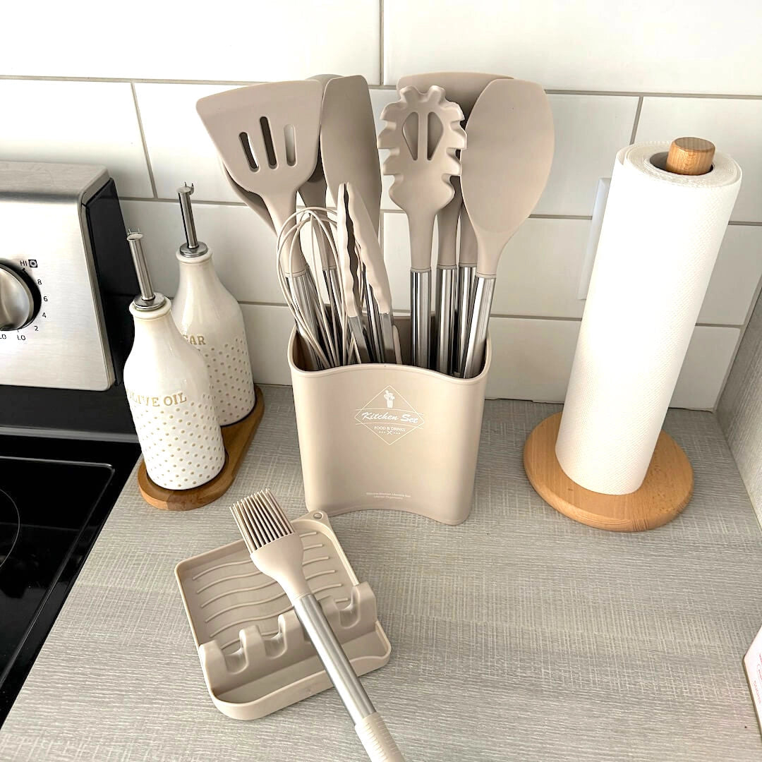 Beige Silicone Kitchen Utensil Set - Heat Resistant, Non-Stick